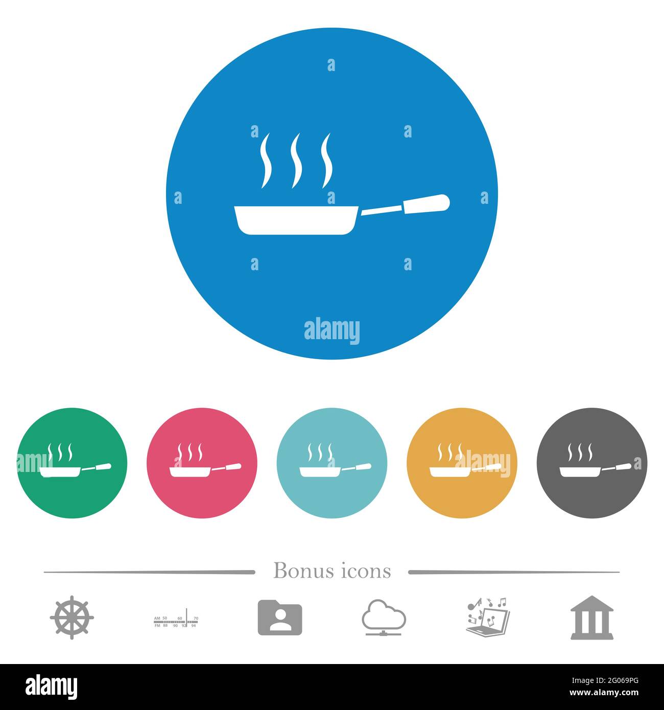 Steaming frying pan side view flat white icons on round color ...