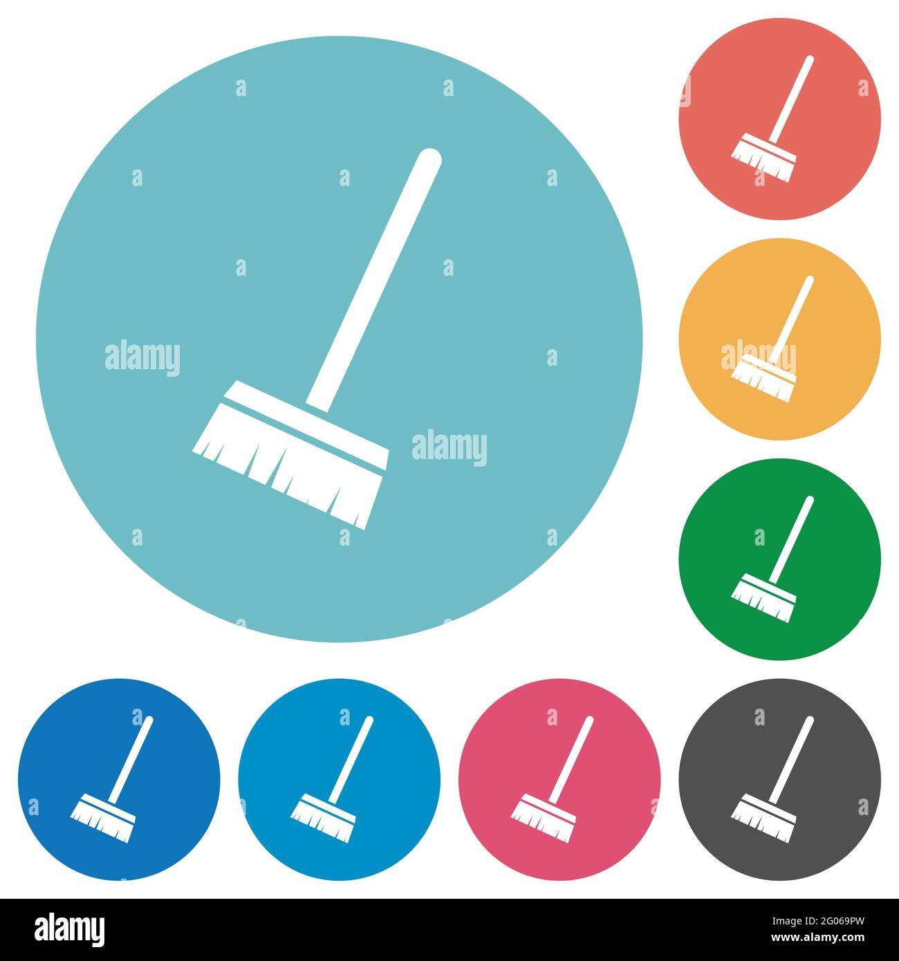 Household broom flat white icons on round color backgrounds Stock ...