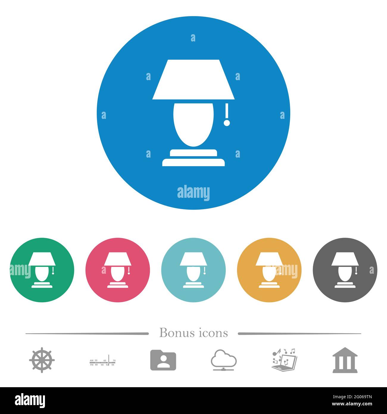 Table lamp flat white icons on round color backgrounds. 6 bonus icons ...