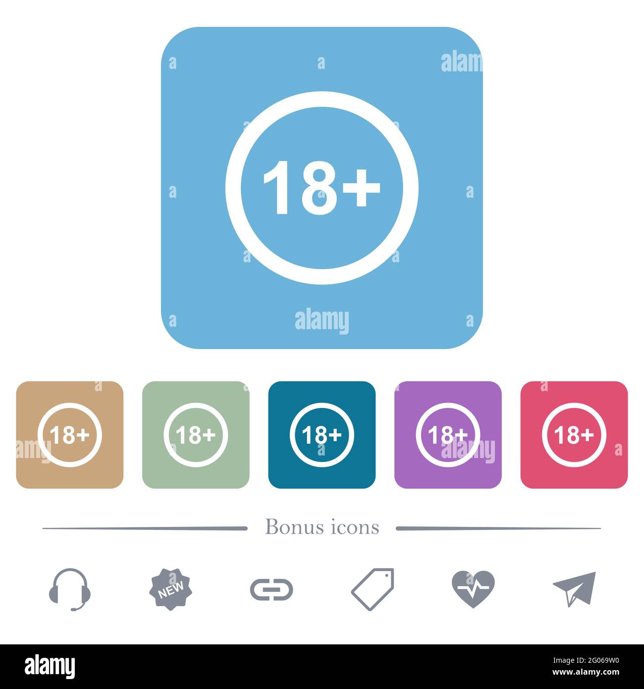 Allowed above 18 years only white flat icons on color rounded square ...
