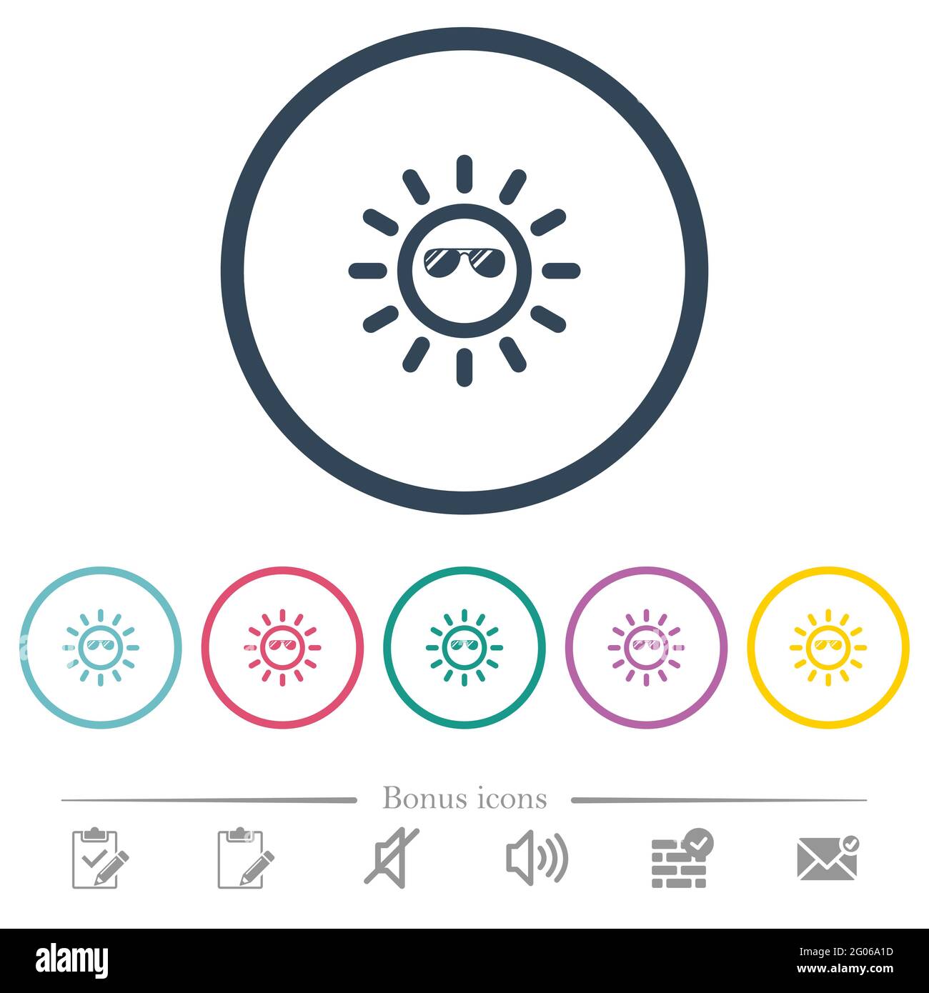 Sun with glossy sunglasses flat color icons in round outlines. 6 bonus ...