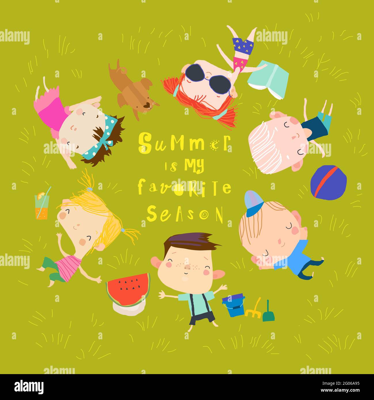 Happy Children lying on Green Grass. Hello Summer Stock Vector Image ...