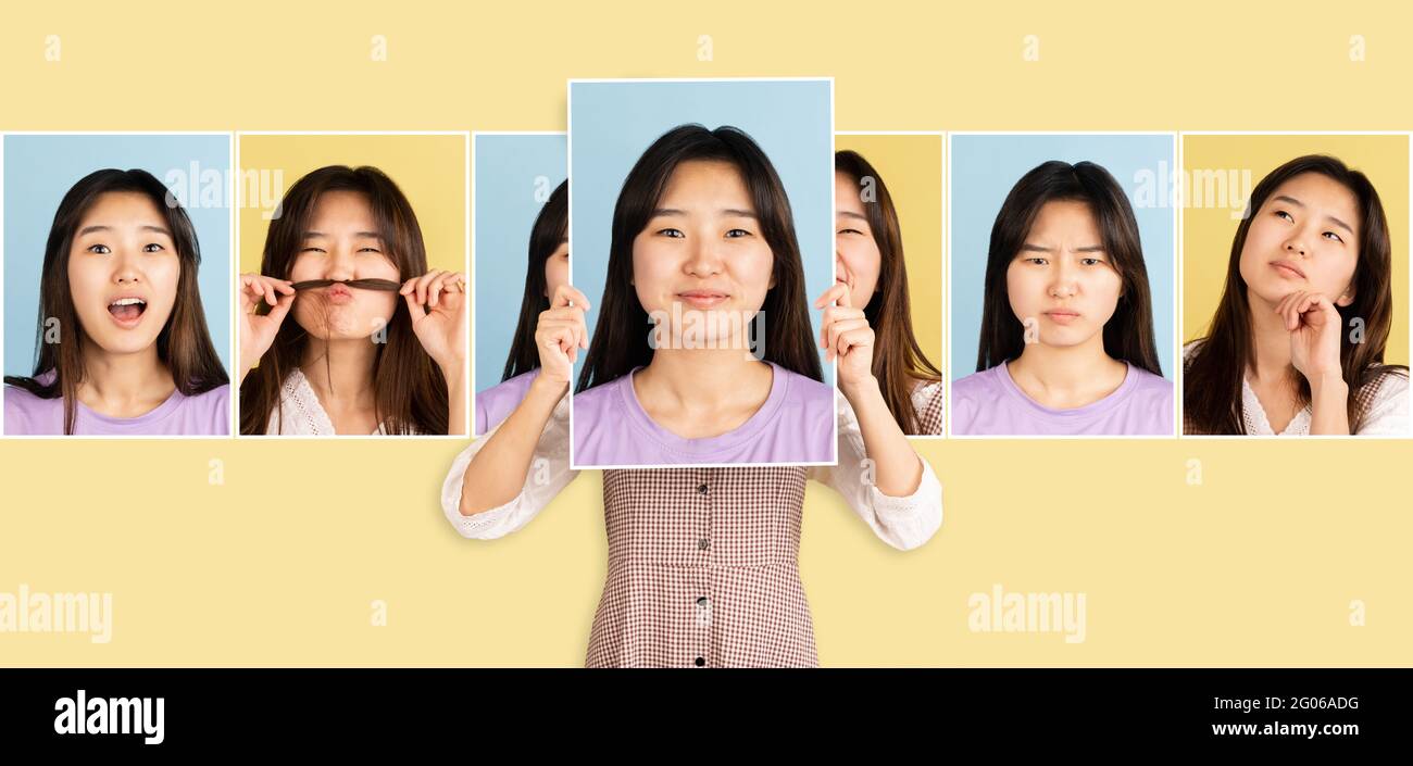 Young Asian beuatiful girl showing her portraits with different ...