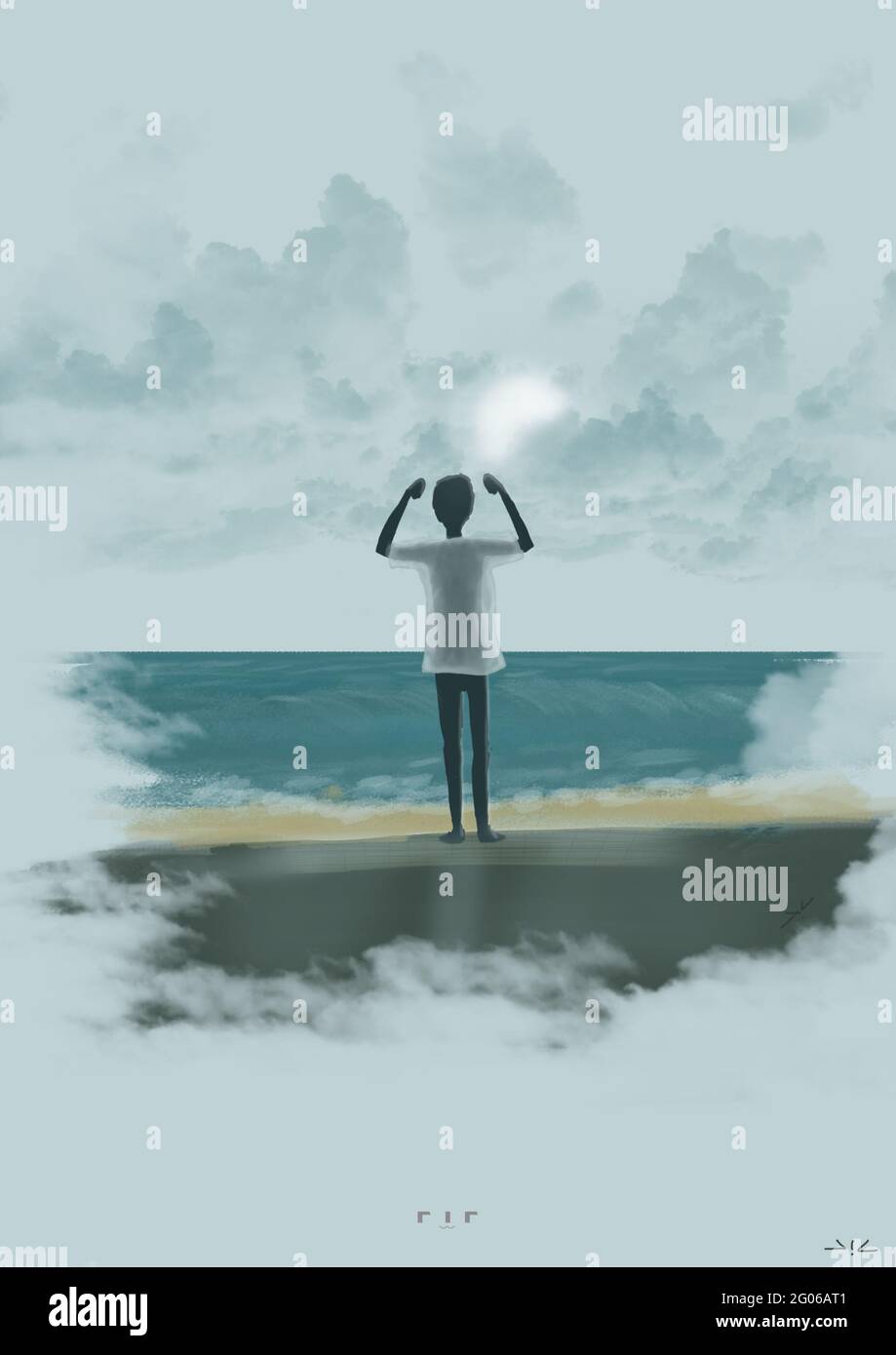 A thin strong boy by the seashore . He lost his confidence for being ...