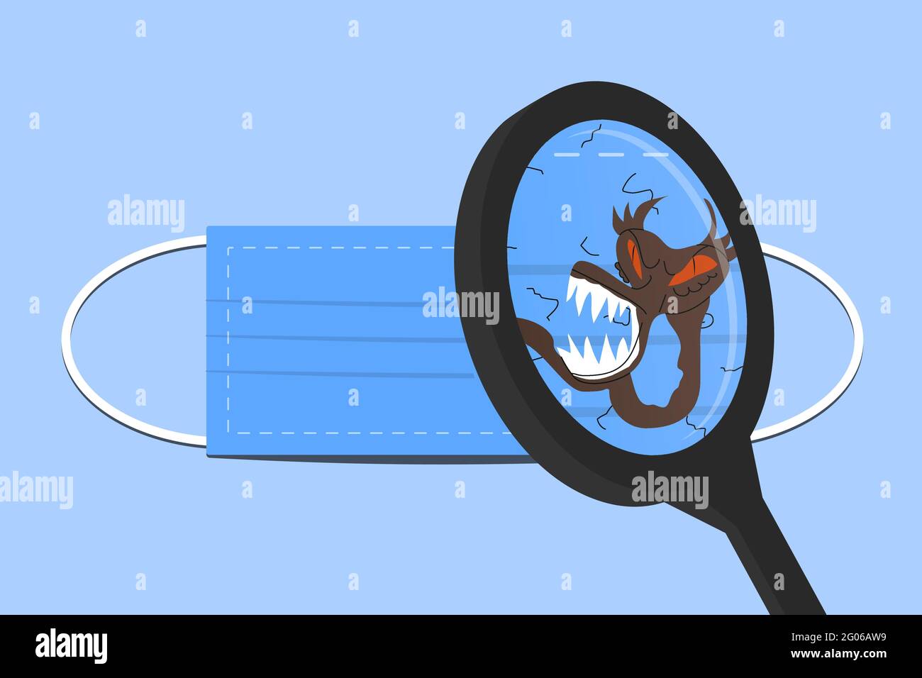 Scary worm monster on a protective face mask. Dangerous parasite ...