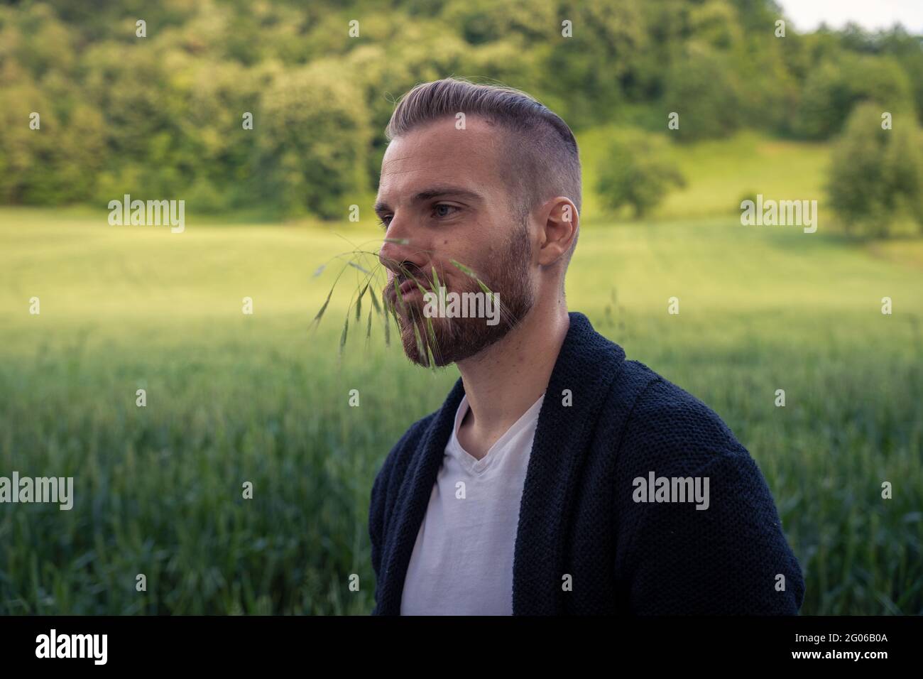 Young fashionable farmer chewing on wheat Stock Photo - Alamy