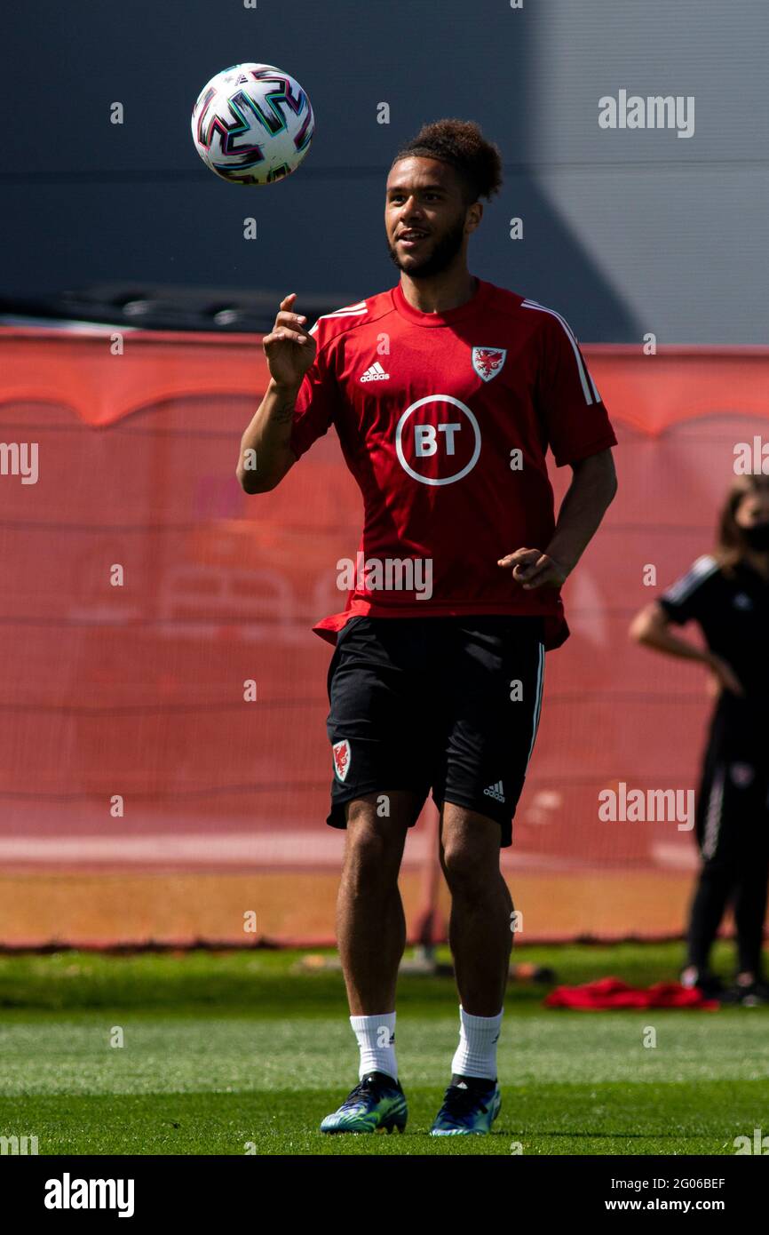Hensol, UK. 1st June, 2021. Tyler Roberts of Wales during training at ...