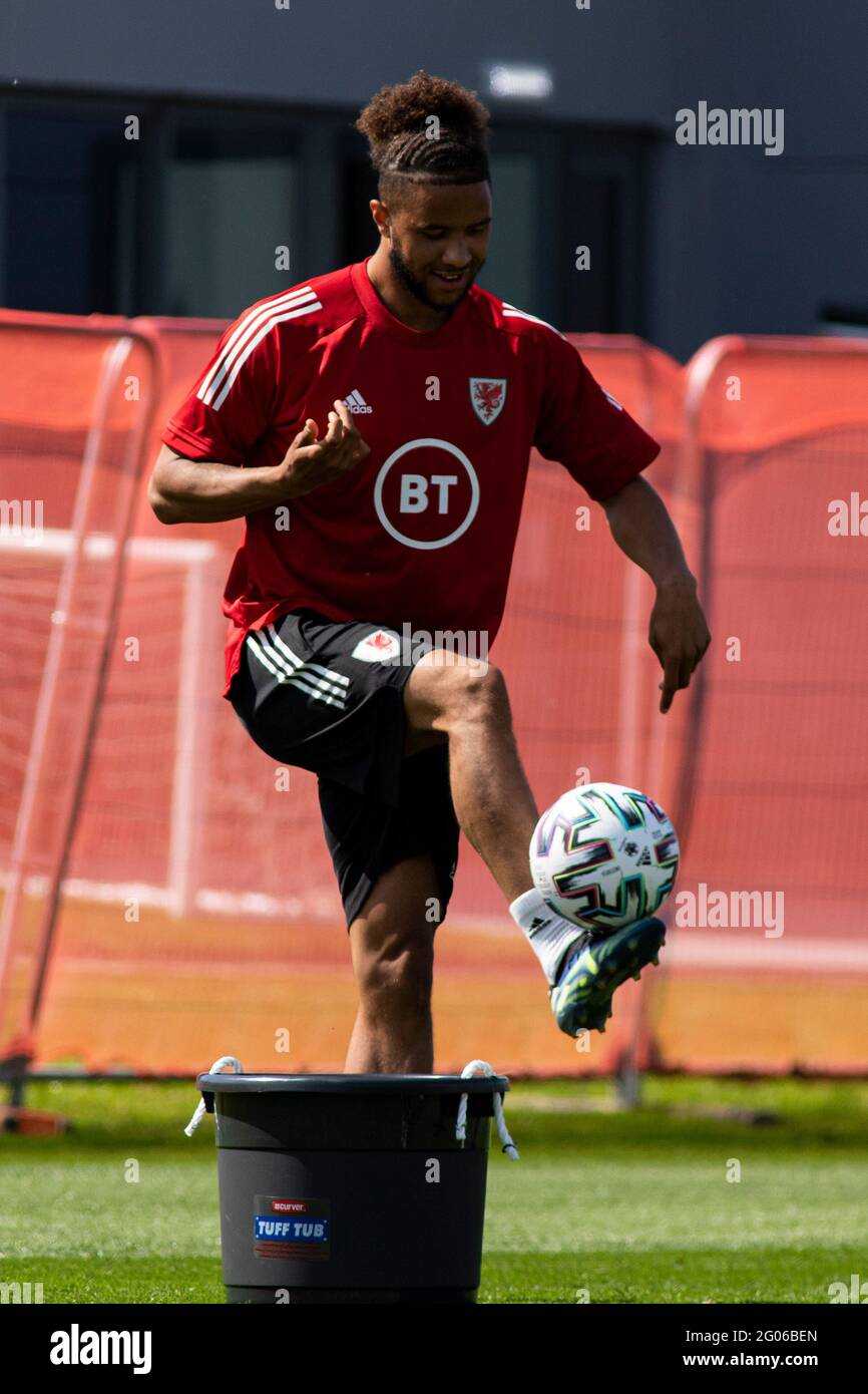 Hensol, UK. 1st June, 2021. Tyler Roberts of Wales during training at ...