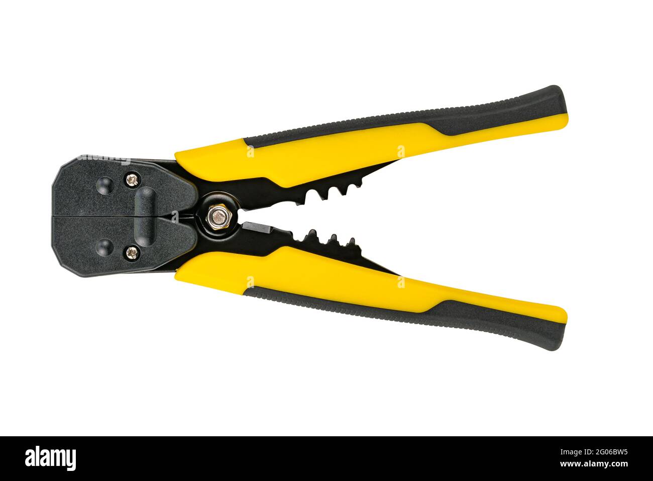 Top view closeup black and yellow handles wire cutters isolated on ...