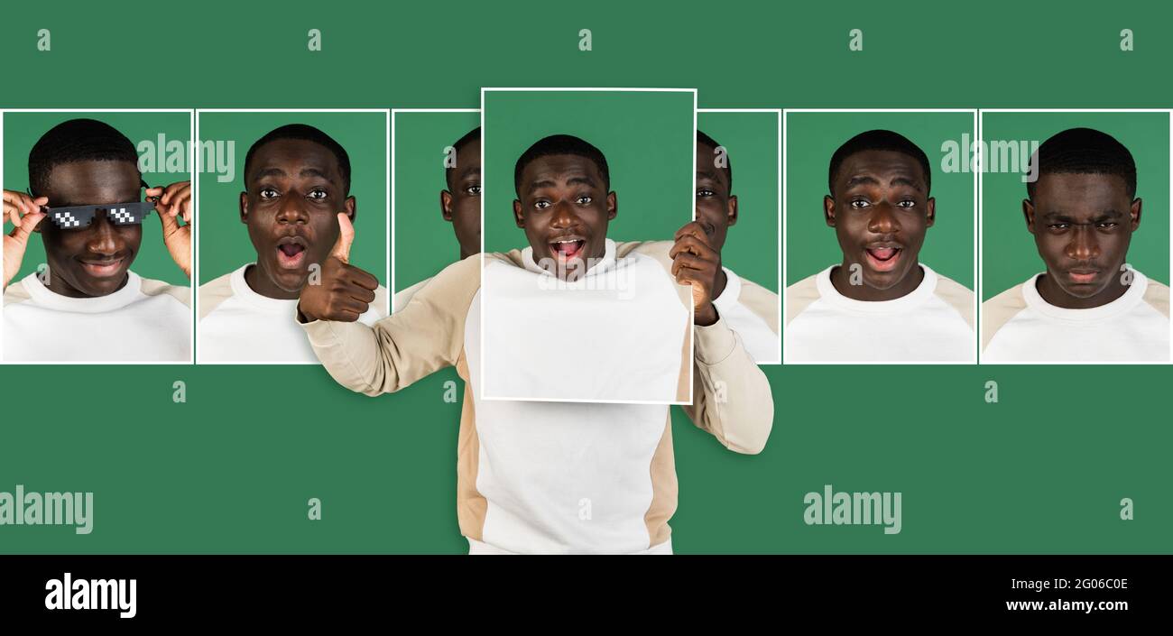 Portraits of young Africa man showing pictures with different emotions ...