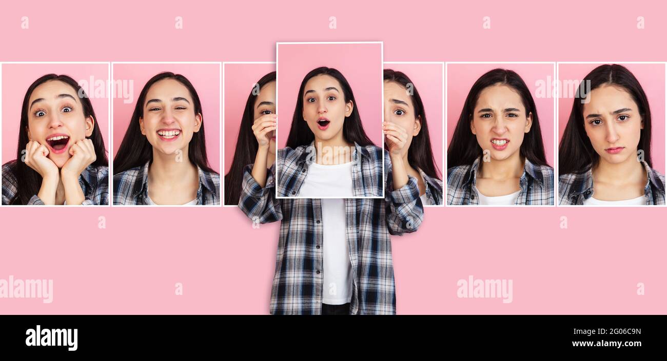 Young Caucasian beuatiful girl showing her portraits with different ...