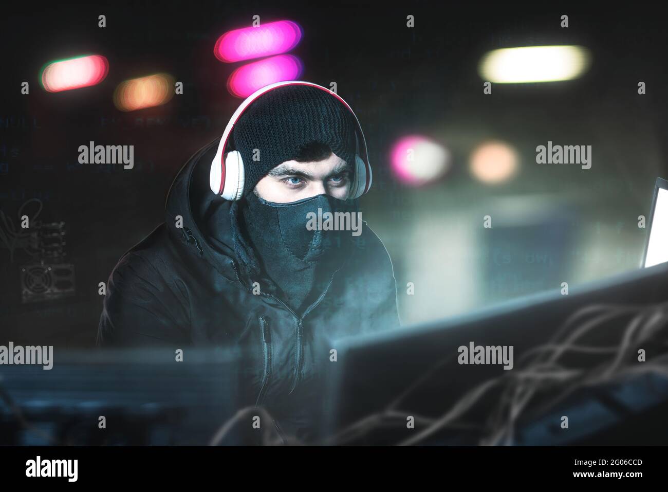 Hacker in the office with headphones with microphone in search of prey ...