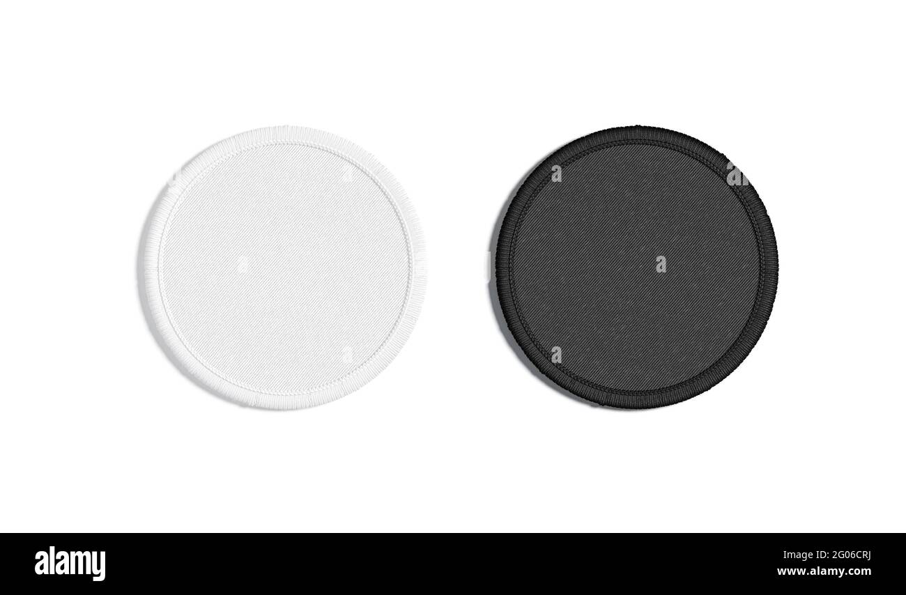 Blank black and white round embroidered patch mockup, top view, 3d ...