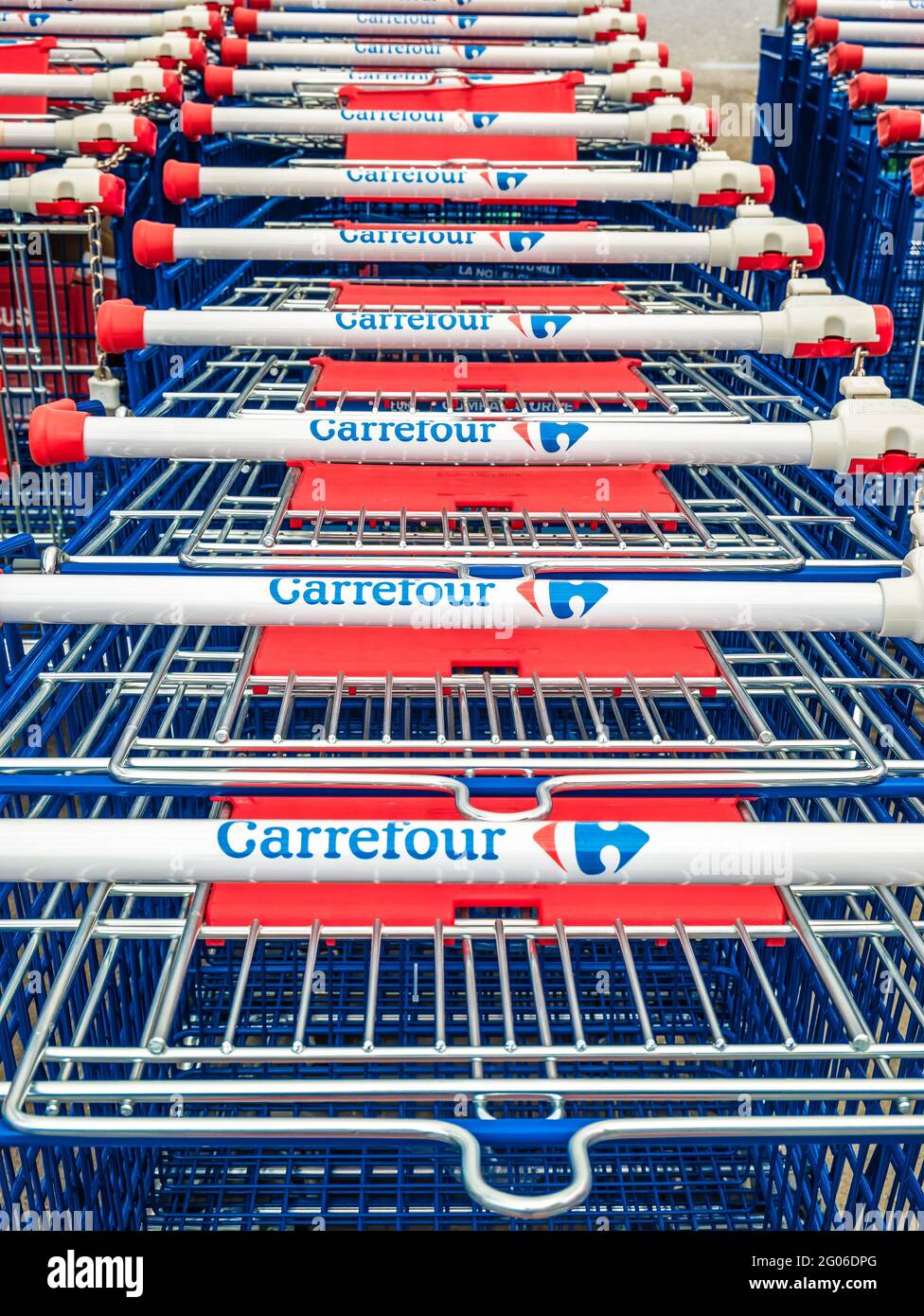 Bucharest, Romania 05.01.2021: Shopping carts belonging to Carrefour ...