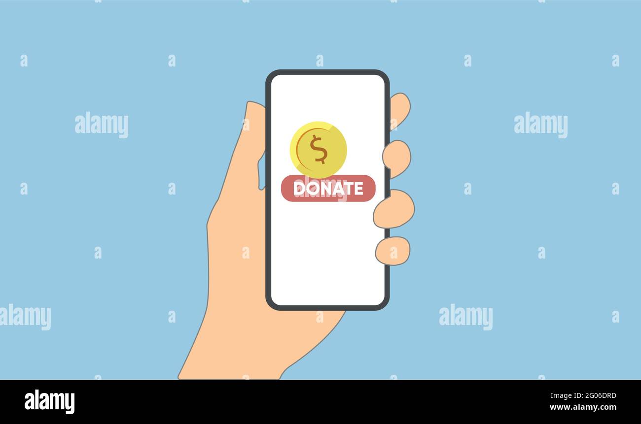 Donate online concept. Smartphone with gold coin and button on screen ...