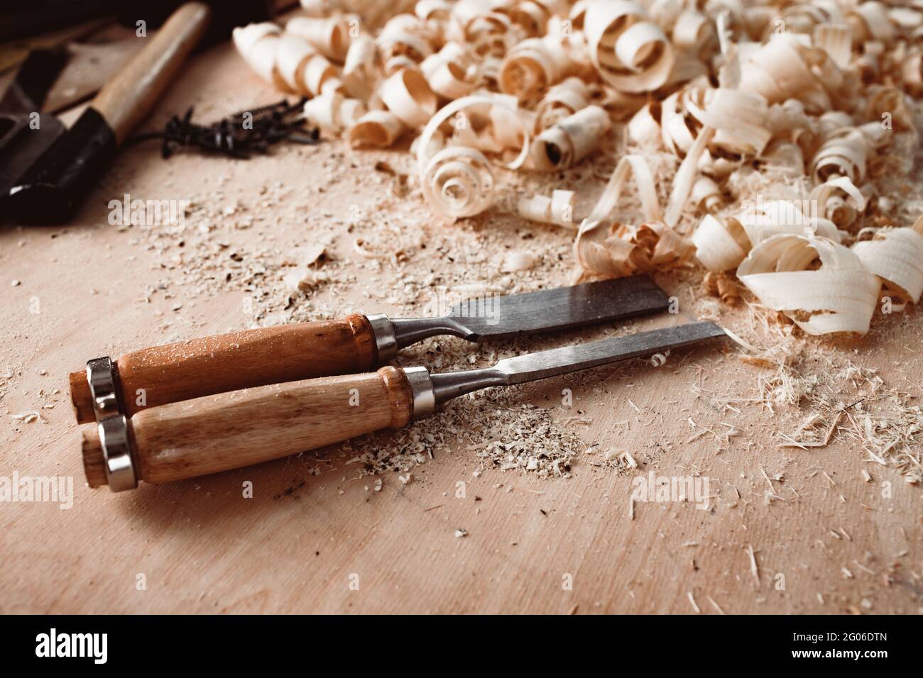 Carpenter's chisel, woodwork tool on the desktop in the workshop Stock ...