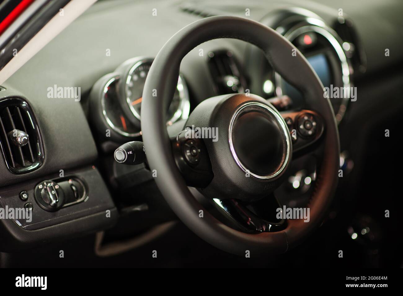 Interior view of car with black salon, steering wheel Stock Photo - Alamy