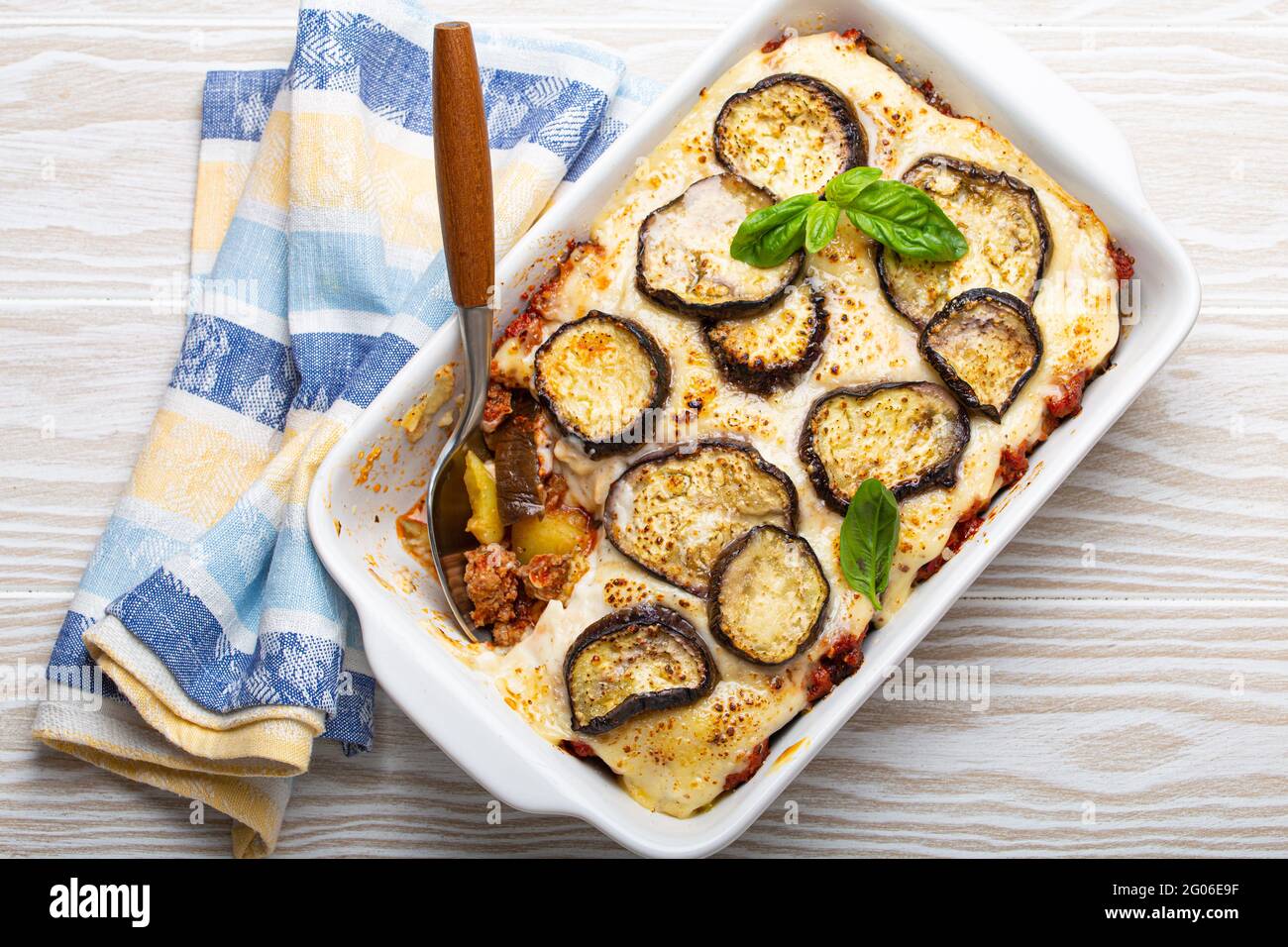 Greek baked dish Moussaka from above Stock Photo - Alamy