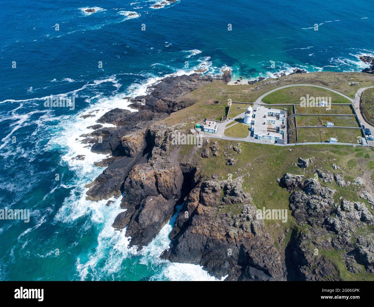 Pendeen lighthouse aerial drone image of lighthouse and the sea ...