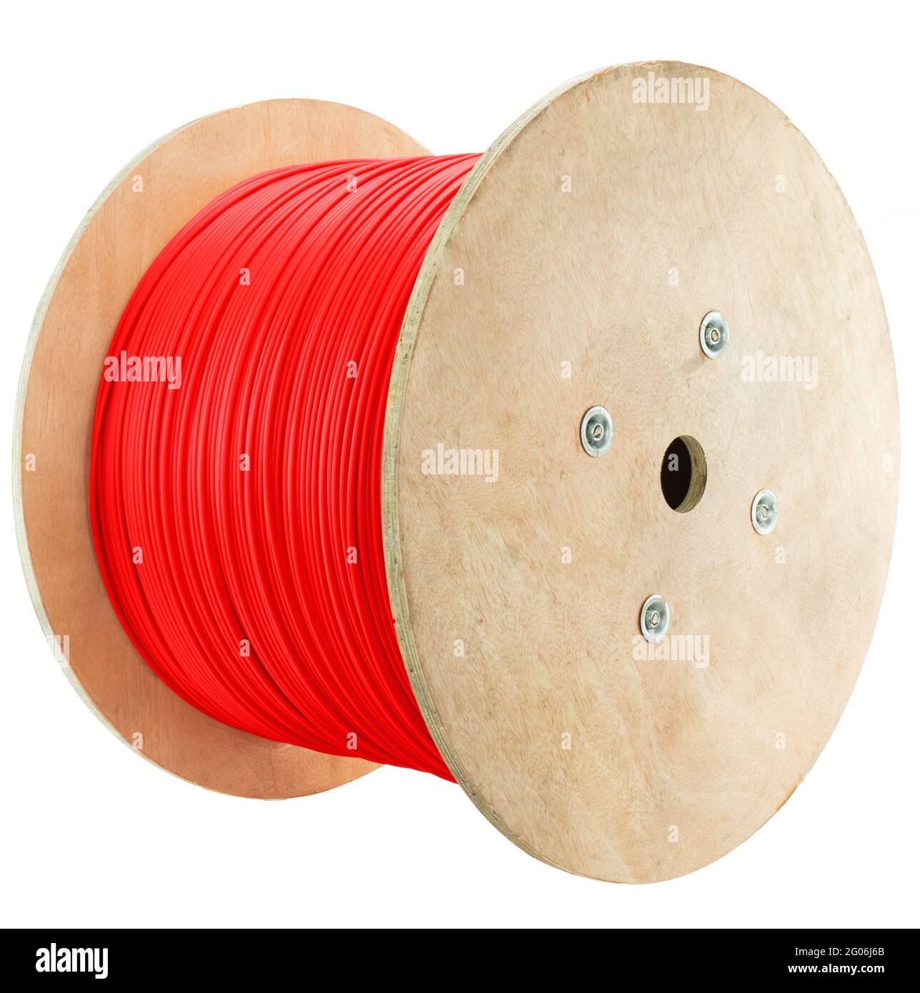 Red cable large spool, Roll - wooden spool Stock Photo - Alamy