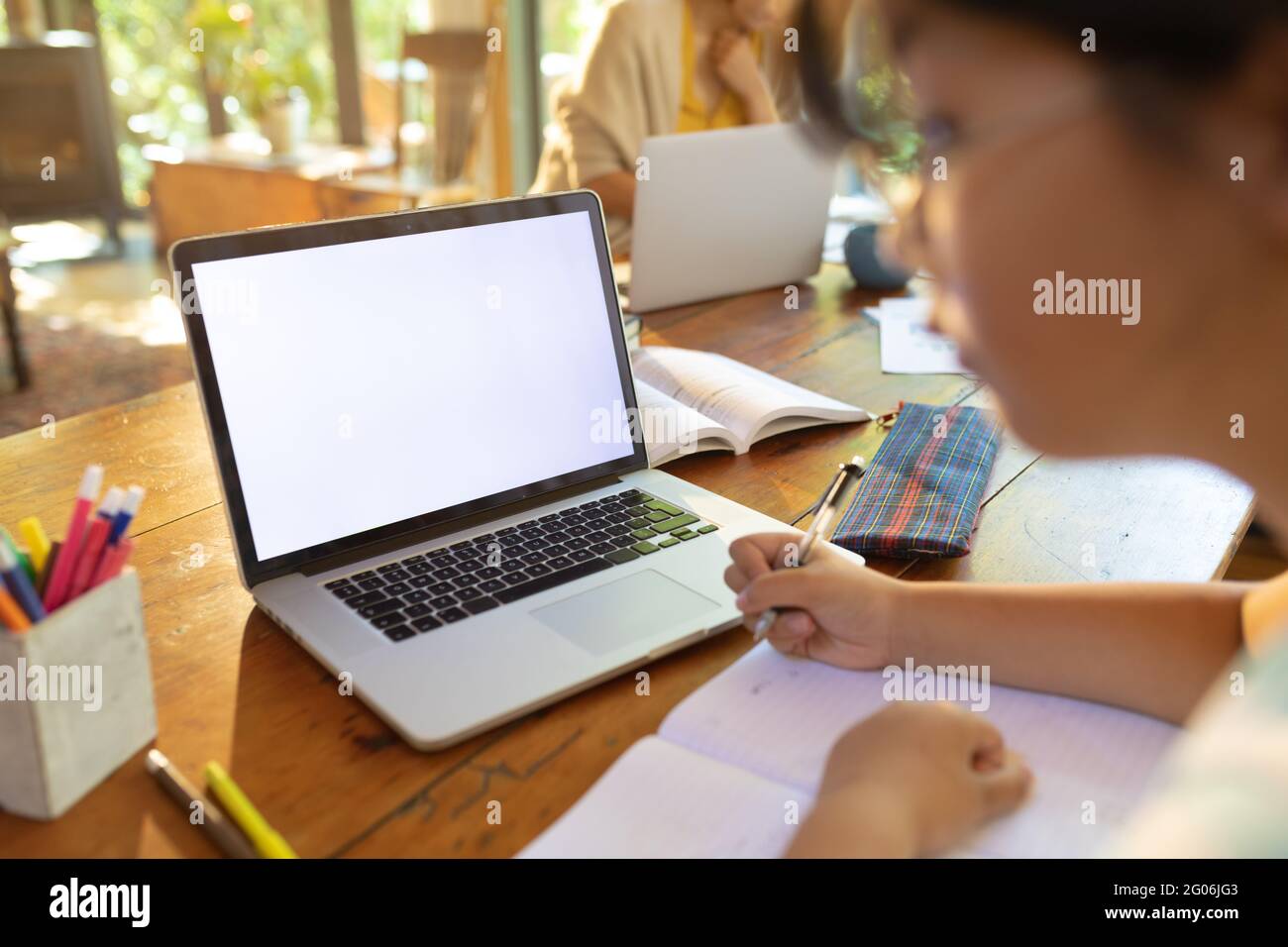Asian girl using laptop with blank screen, writing, learning online her ...