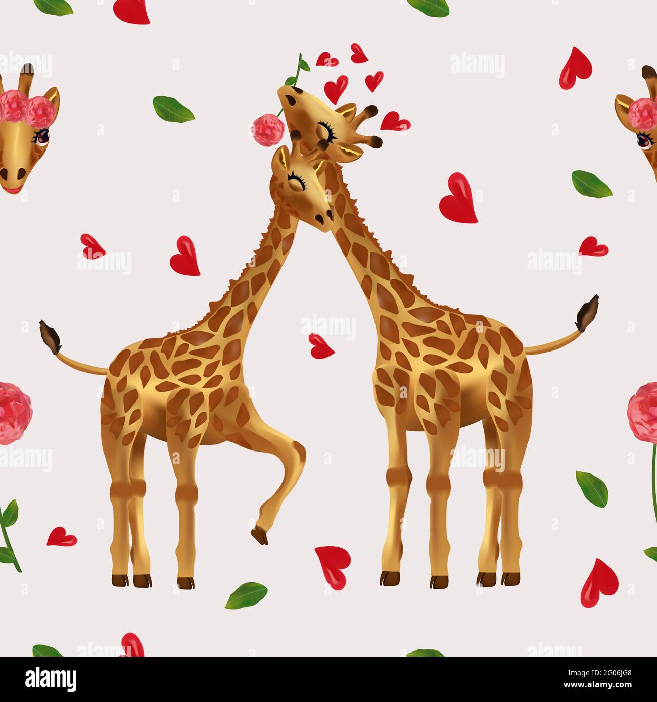 Seamless pattern with cute giraffe, leaf, a hearts. Pattern with wild ...