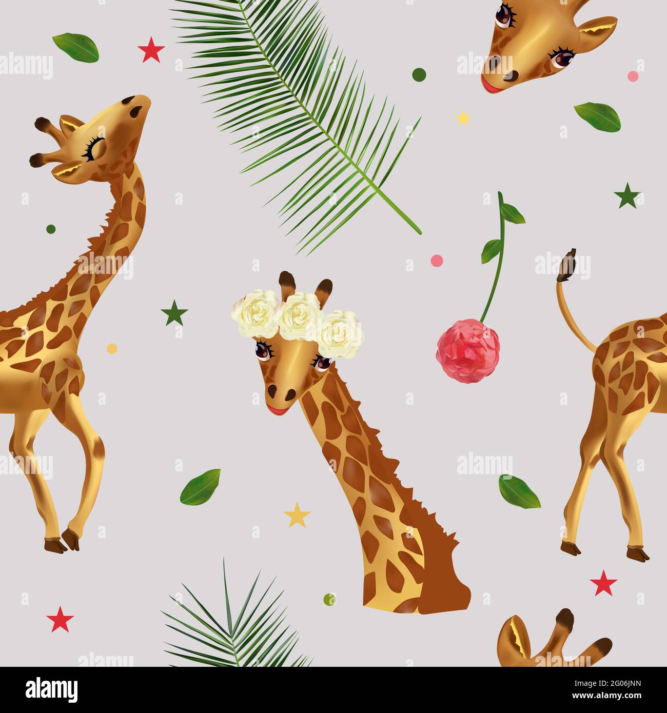Seamless pattern cute Tropical giraffe, wild animals, flower, leaf ...
