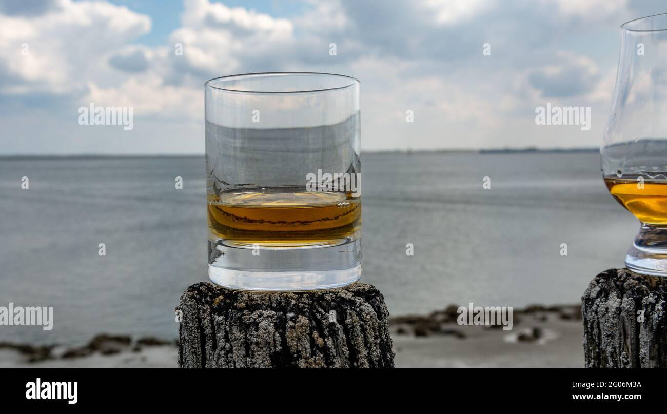 Tasting of dram single malt scotch whisky on seashore in Scotland, old ...