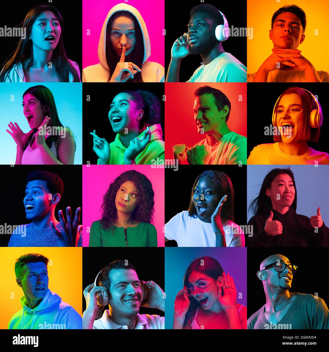 Portraits of group of people on multicolored background in neon light ...