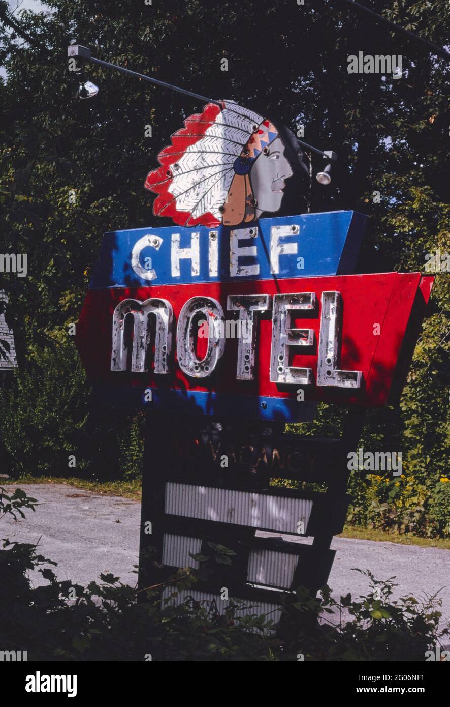 1990s United States - Chief Motel sign, Route 2, Mohawk Trail, North ...