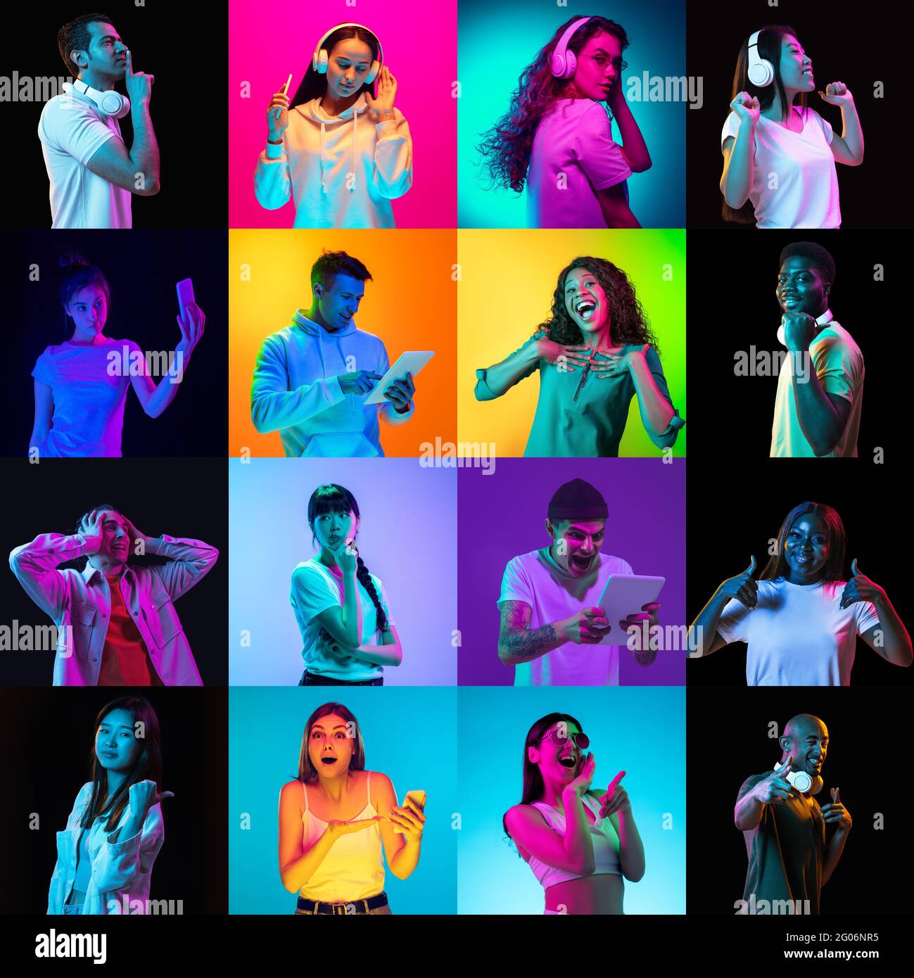 Portraits of group of people on multicolored background in neon light ...