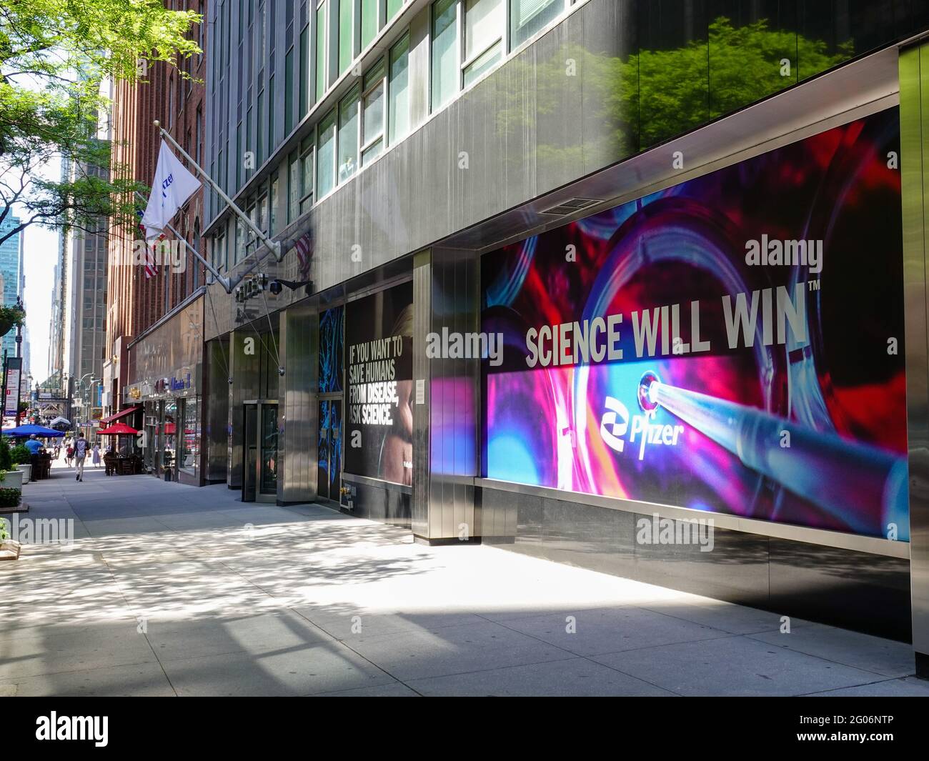 “Science will win” slogan in window of Pfizer world headquarters ...