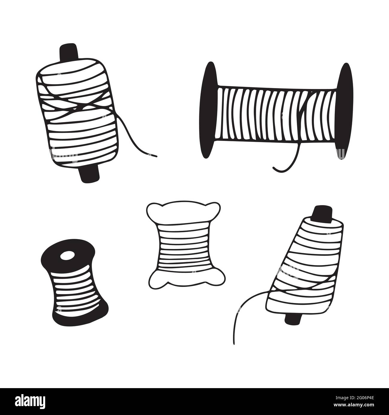 Set of spools of thread for sewing. Black and white vector illustration ...