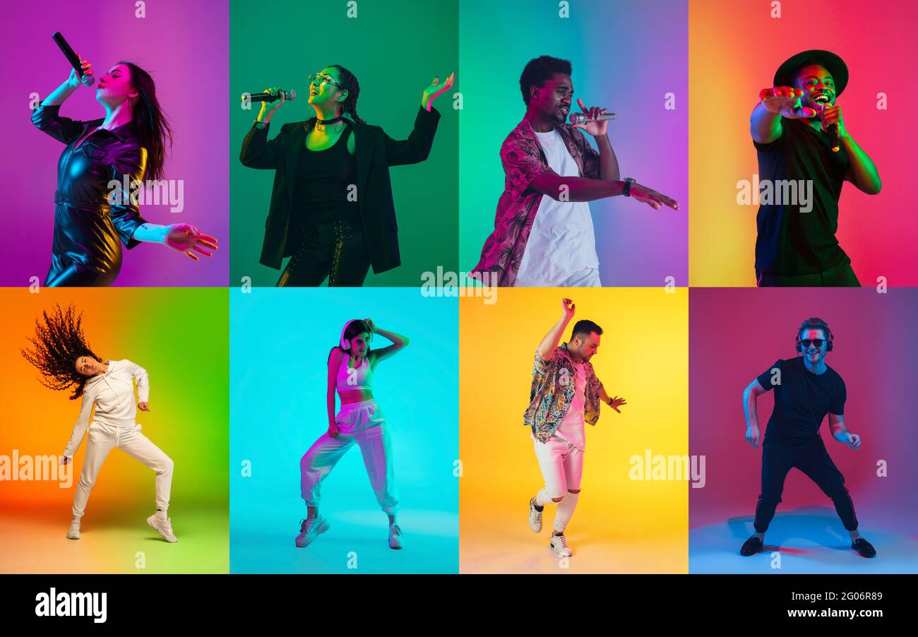 Singers againts dancers. Portrait of group of people on multicolored ...