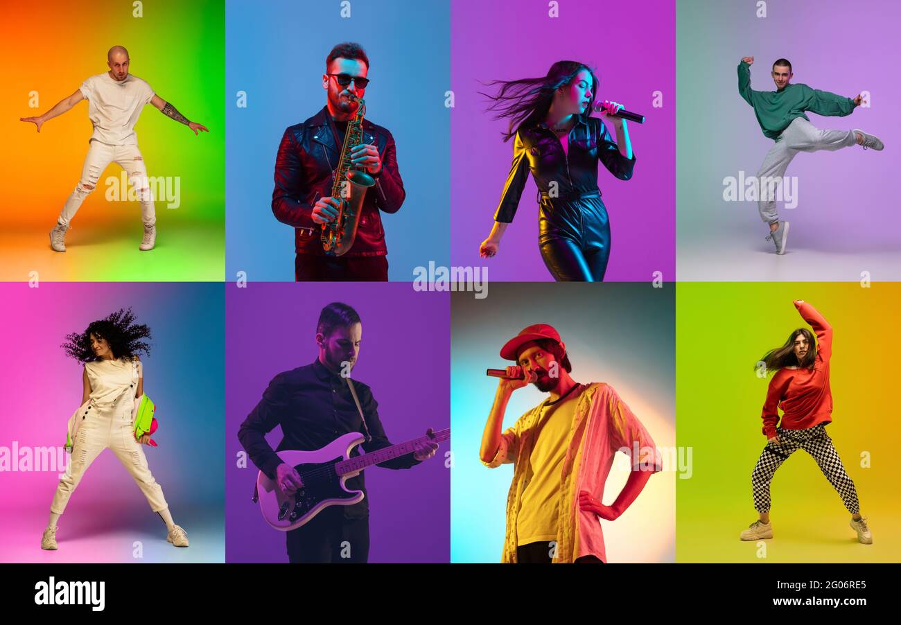 Singers and dancers. Portrait of group of people on multicolored ...