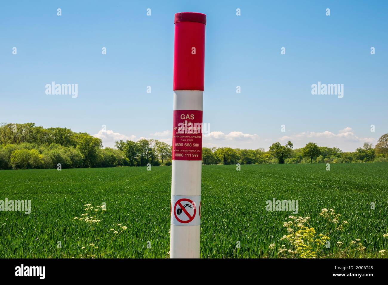 Red and white striped warning poles for the presence of buried gas pipe ...
