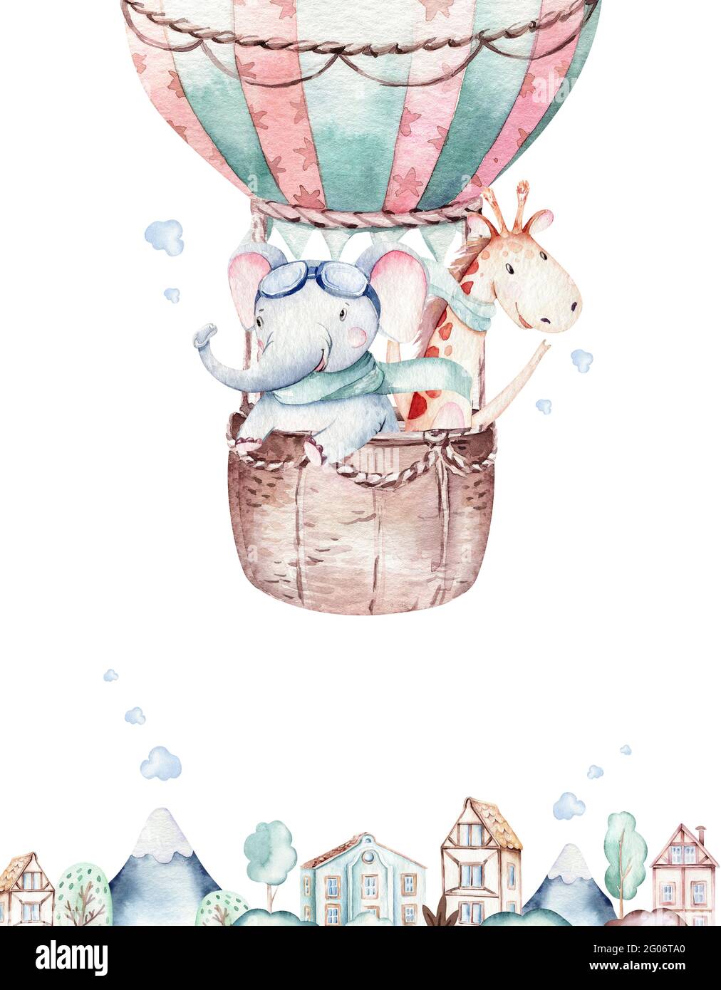 Watercolor balloon set baby cartoon cute pilot aviation illustration ...