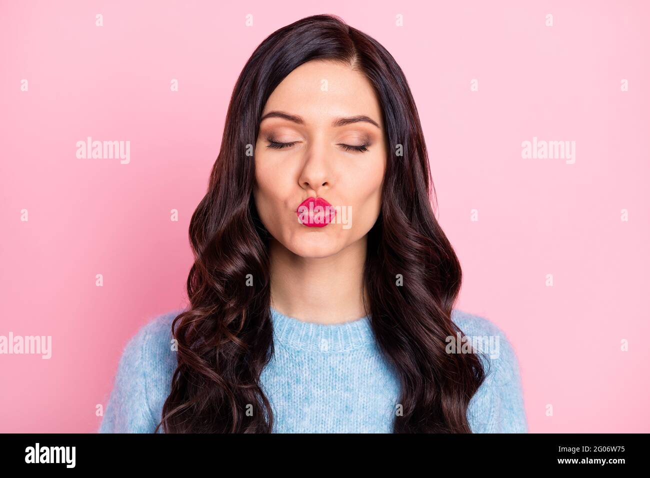 Photo Of Cute Romantic Young Lady Closed Eyes Send Air Kiss Wear Blue