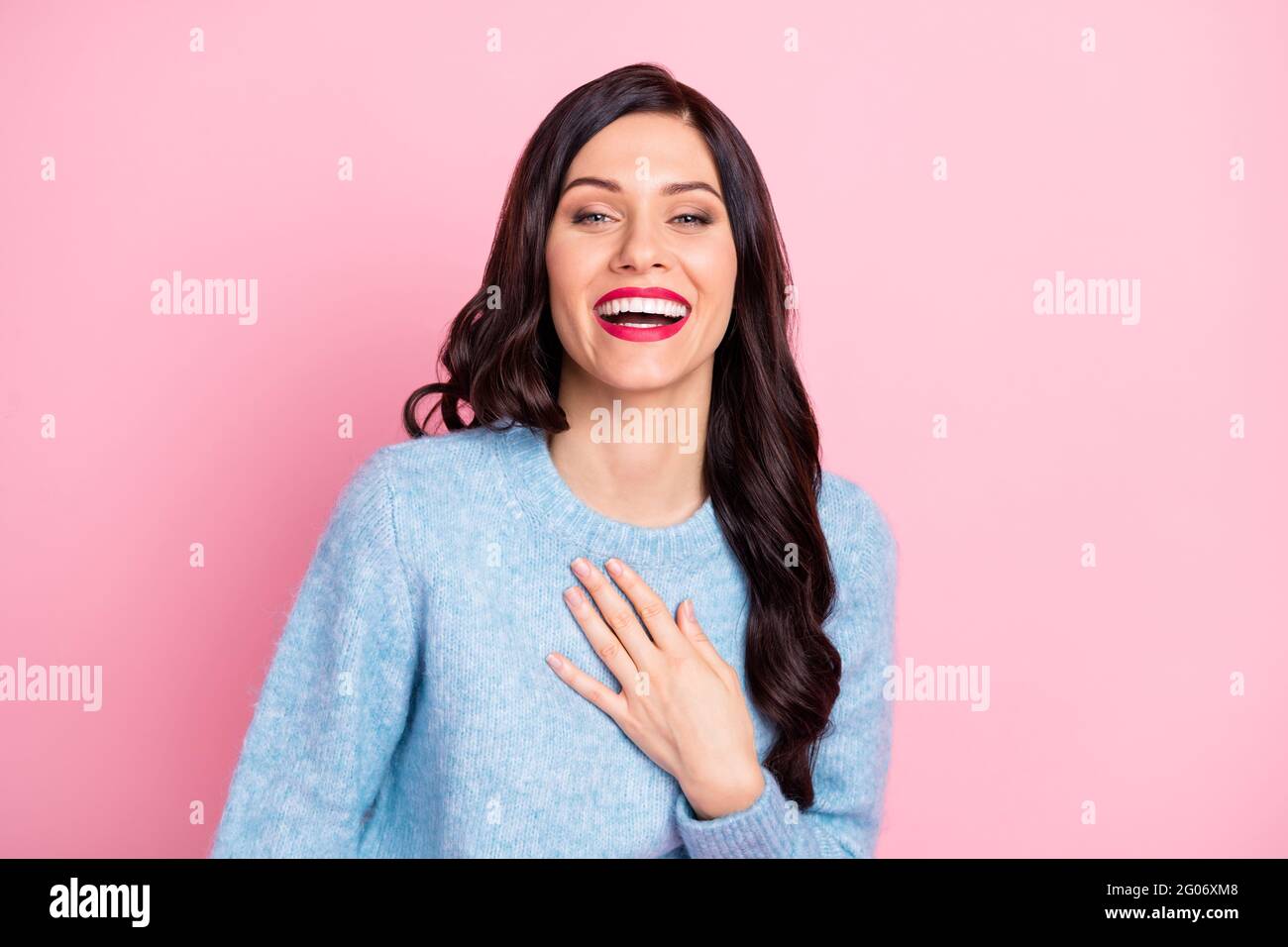 Photo of funny charming young girl hand chest laughing open mouth wear ...
