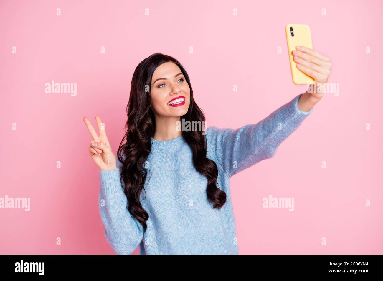 Photo of positive lady make selfie fingers show v-sign have good mood ...