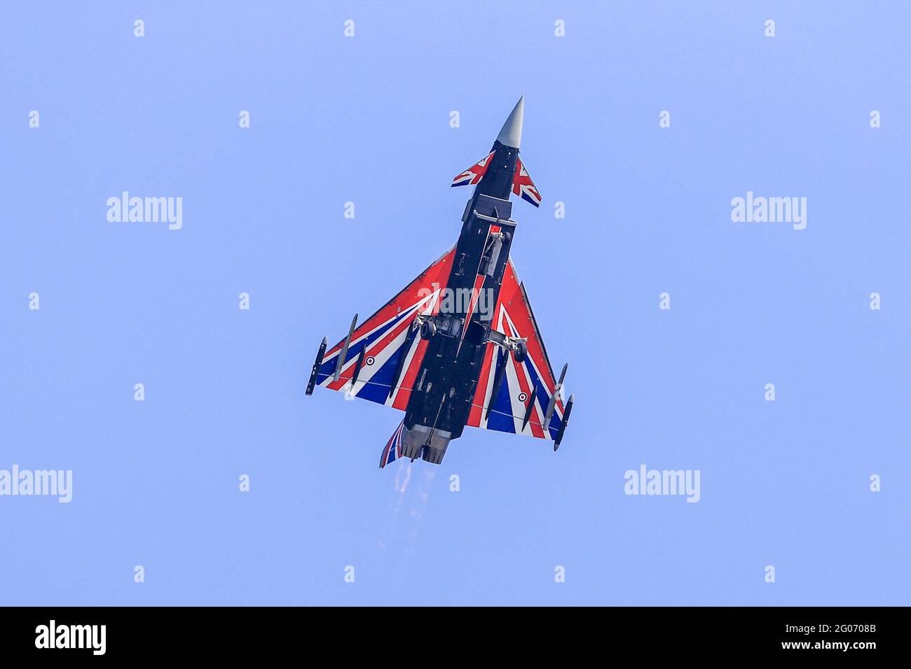 Flight Lieutenant Jame Sainty’s RAF Typhoon FGR4 takes to the skies as he practices his display ...