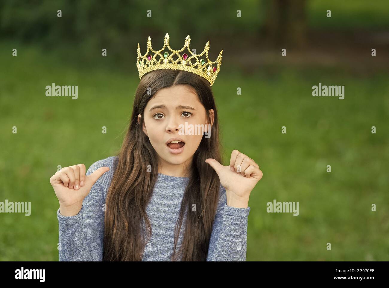 Cute girl golden crown outdoors green nature background, princess ...