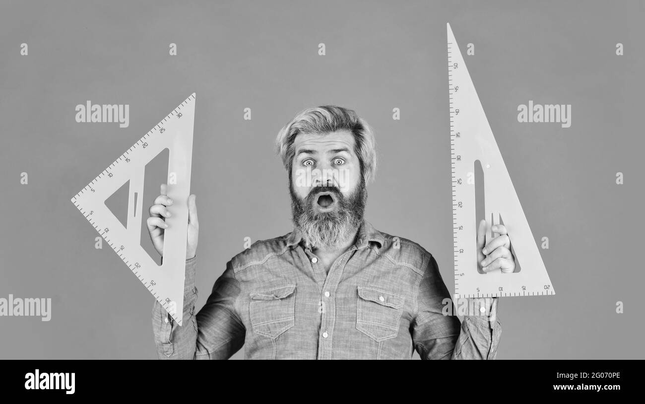 Education concept. Architect education. Bearded man teacher use ruler ...