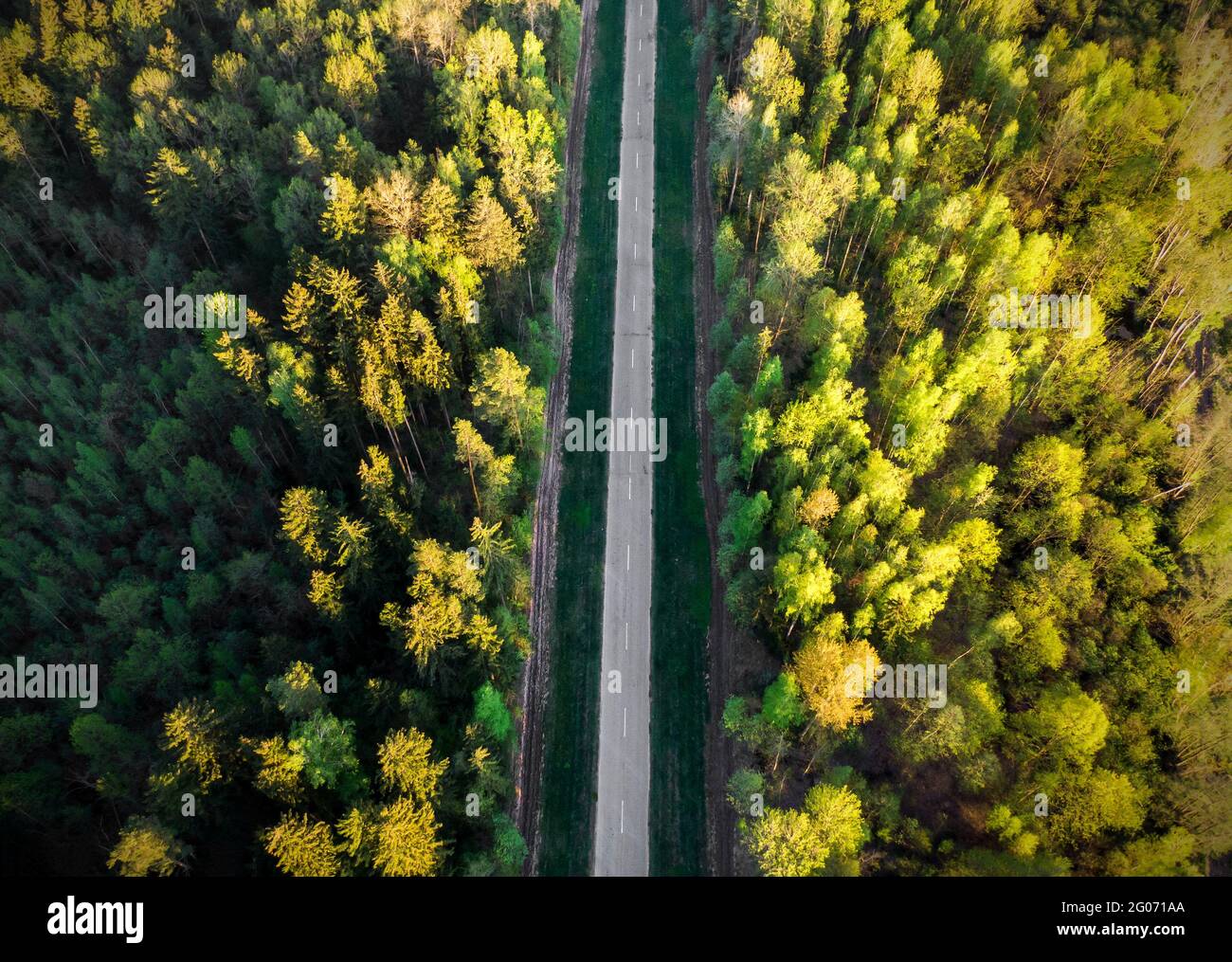Aerial view of the forest road. Fall landscape with road and yellow ...