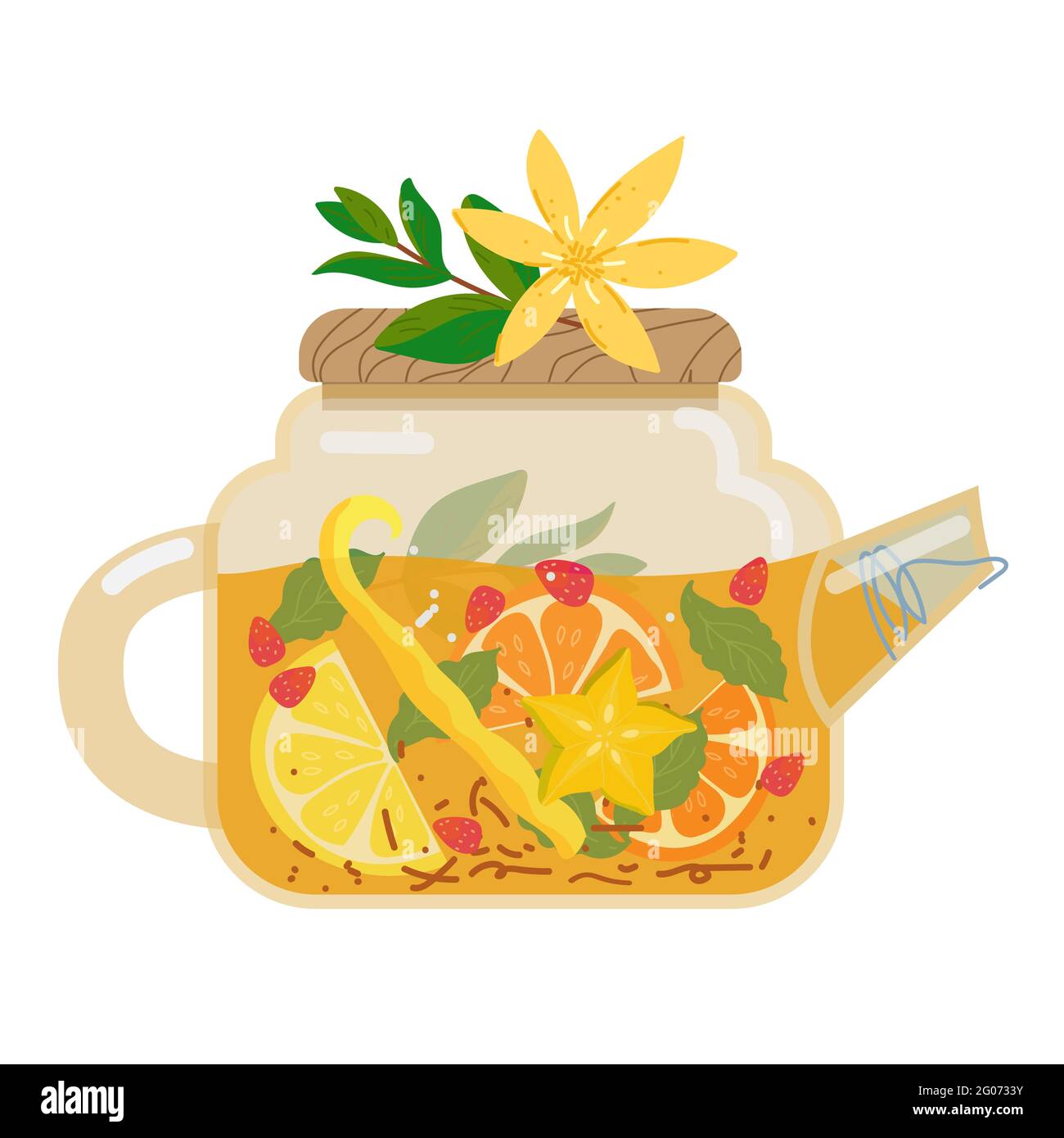 Glass teapot with fruit tea. Herbal tea, healthy summer beverage cold ...