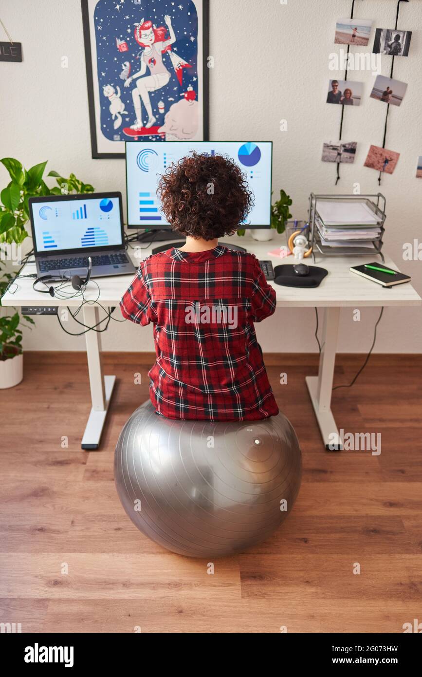 Back view of a woman teleworking sitting on a fitball in front of her ...