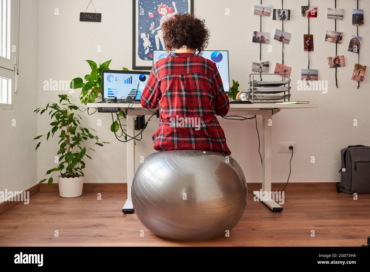 Back view of a woman teleworking sitting on a fitball in front of her ...
