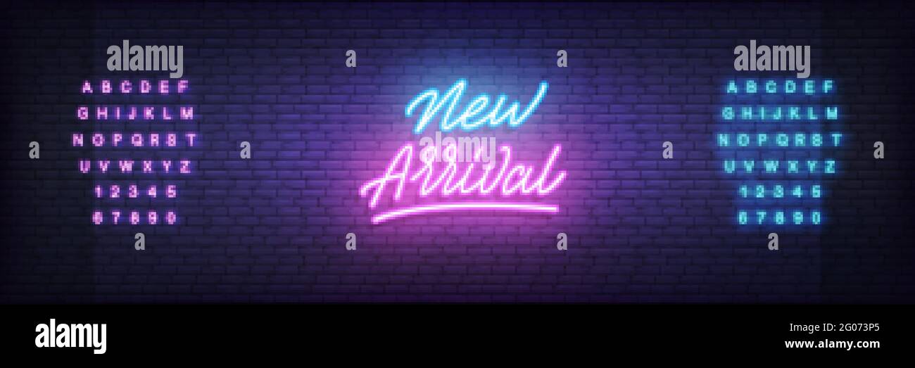 New Arrival neon template. Glowing neon lettering New Arrival sign ...