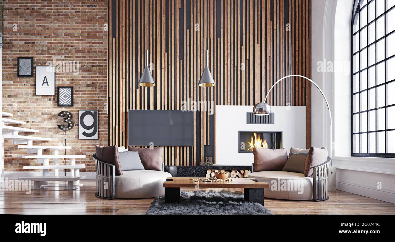modern living interior. 3d design concept illustration Stock Photo - Alamy