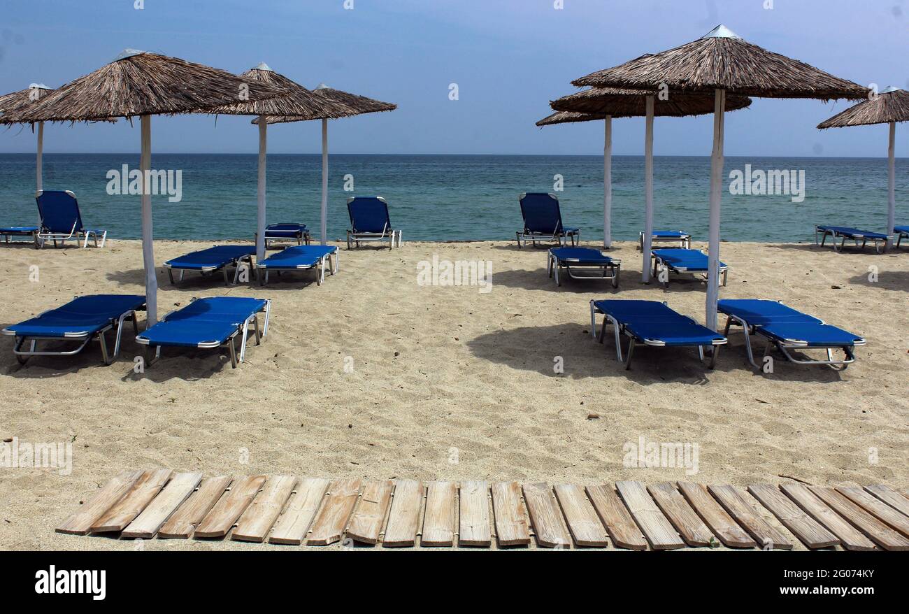 Empty beaches, sunbeds and parasols in Olympic Beach near Katerini ...